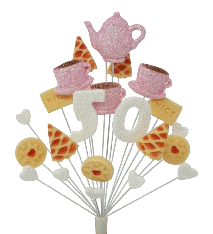 AFTERNOON TEA BIRTHDAY CAKE TOPPER PINK/WHITE 21st 30th 40th 50th 60th ...