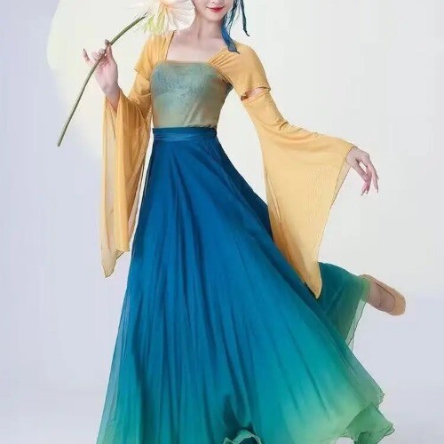 Hanfu Flowy 720 Degree Skirt Training Suit For Dancing Wide Leg Chiffon ...