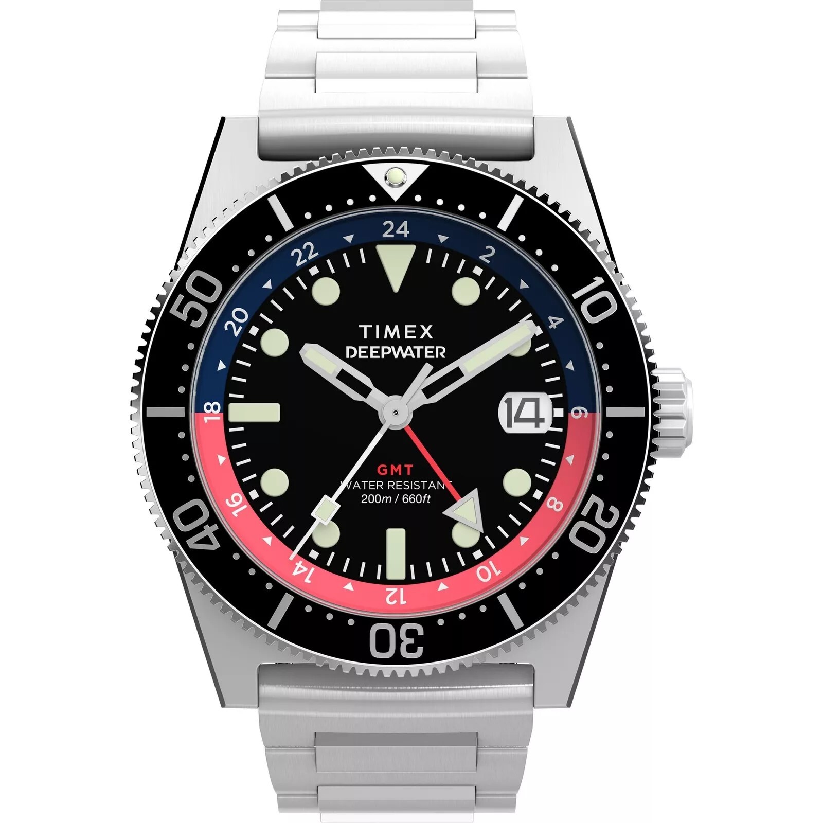 New Timex TW2W95300 Deep Water Reef 200 GMT black red blue silver Men's ...