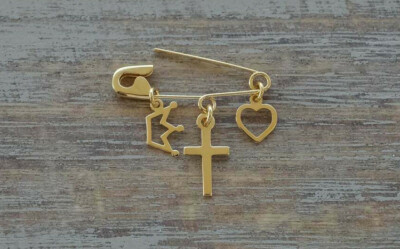 14K Gold Cross Safety Crown Pin Heart Brooch 1" | eBay