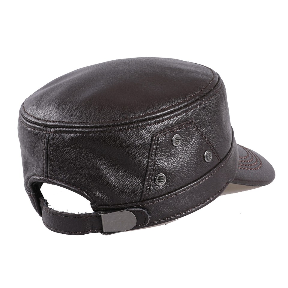 Men's Flat Top Cap Real Sheepskin Leather Military Style Caps Cadet ...