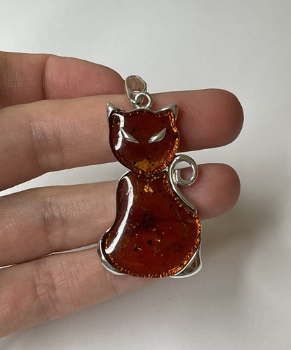 Baltic AMBER Stone CAT Pendant.COGNAC AMBER Cat PENDANT with Sterling ...