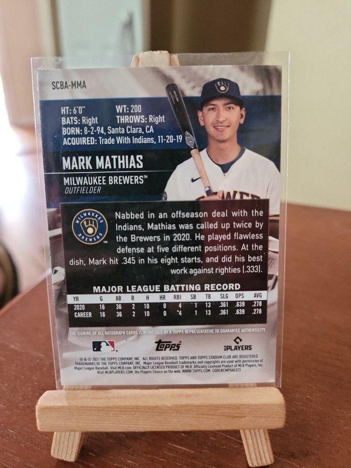 2021 Topps Stadium Club Mark Mathias Rookie Auto Card - Milwaukee ...