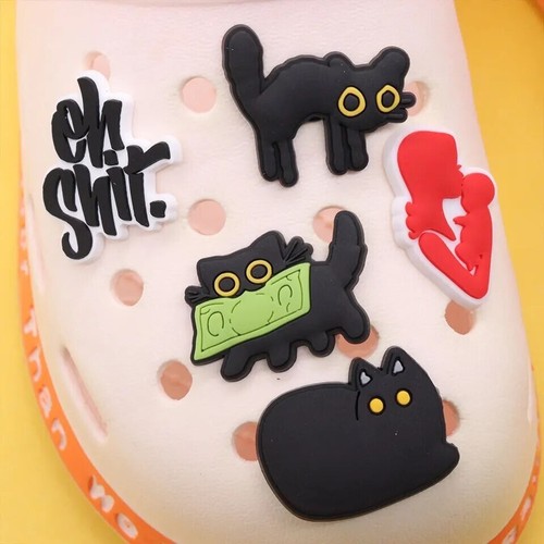 9Pcs Cute Black Cat Pattern PVC Shoes For Croc Charms Decor And Jibbitz ...