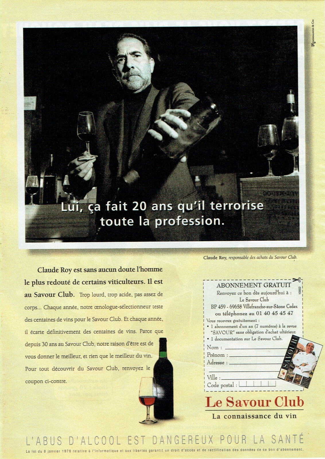 Publicité Advertising 320 1998 le Savour Club vin Claude Roy le plus ...