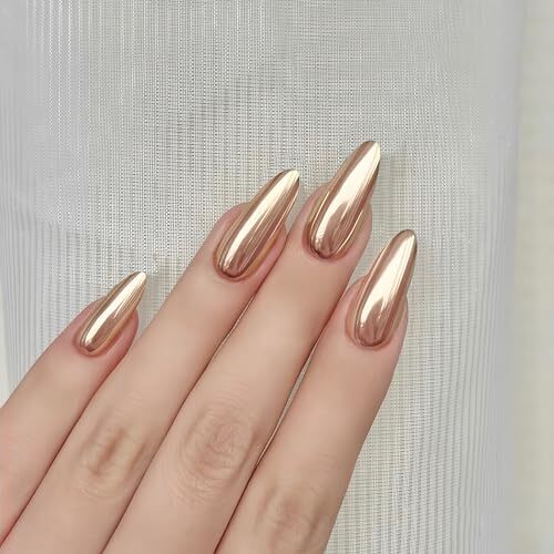 Matte Gold Chrome Press on Nails Almond Medium Fake Nails 06.matte gold ...