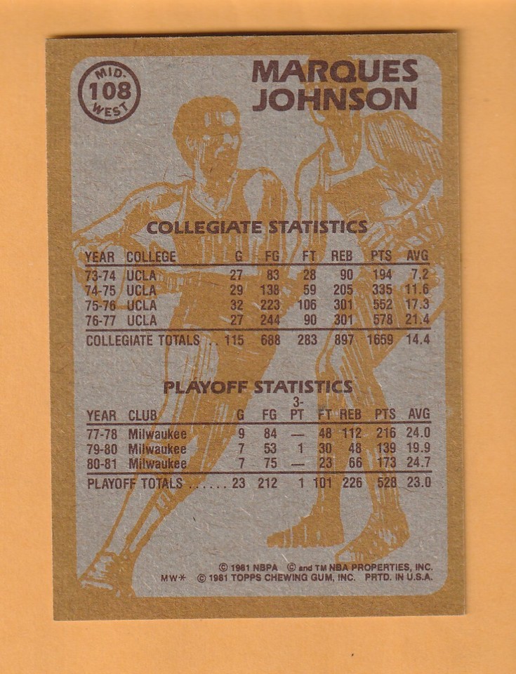 Marques Johnson Milwaukee Bucks 1981-82 Topps Super Action #MW108 UCLA ...