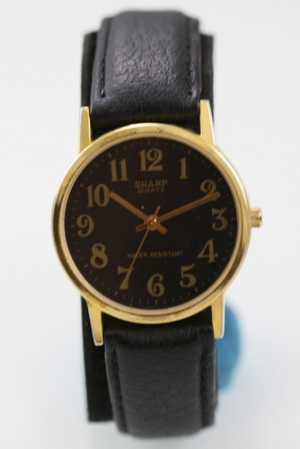 Sharp Men Watch Gold Stainless Steel Leather Black Battery Water Resist ...