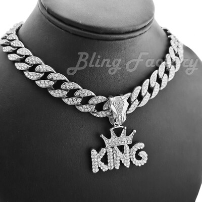 Silver Crowned KING Pendant & 16" ~ 24" Iced Cuban Choker Chain Bling ...