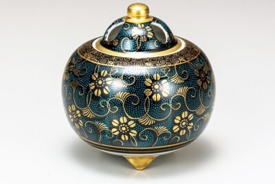 KUTANI YAKI WARE Koro Incense Pot Burner Censer Aochibu Tessen Blue Dot ...