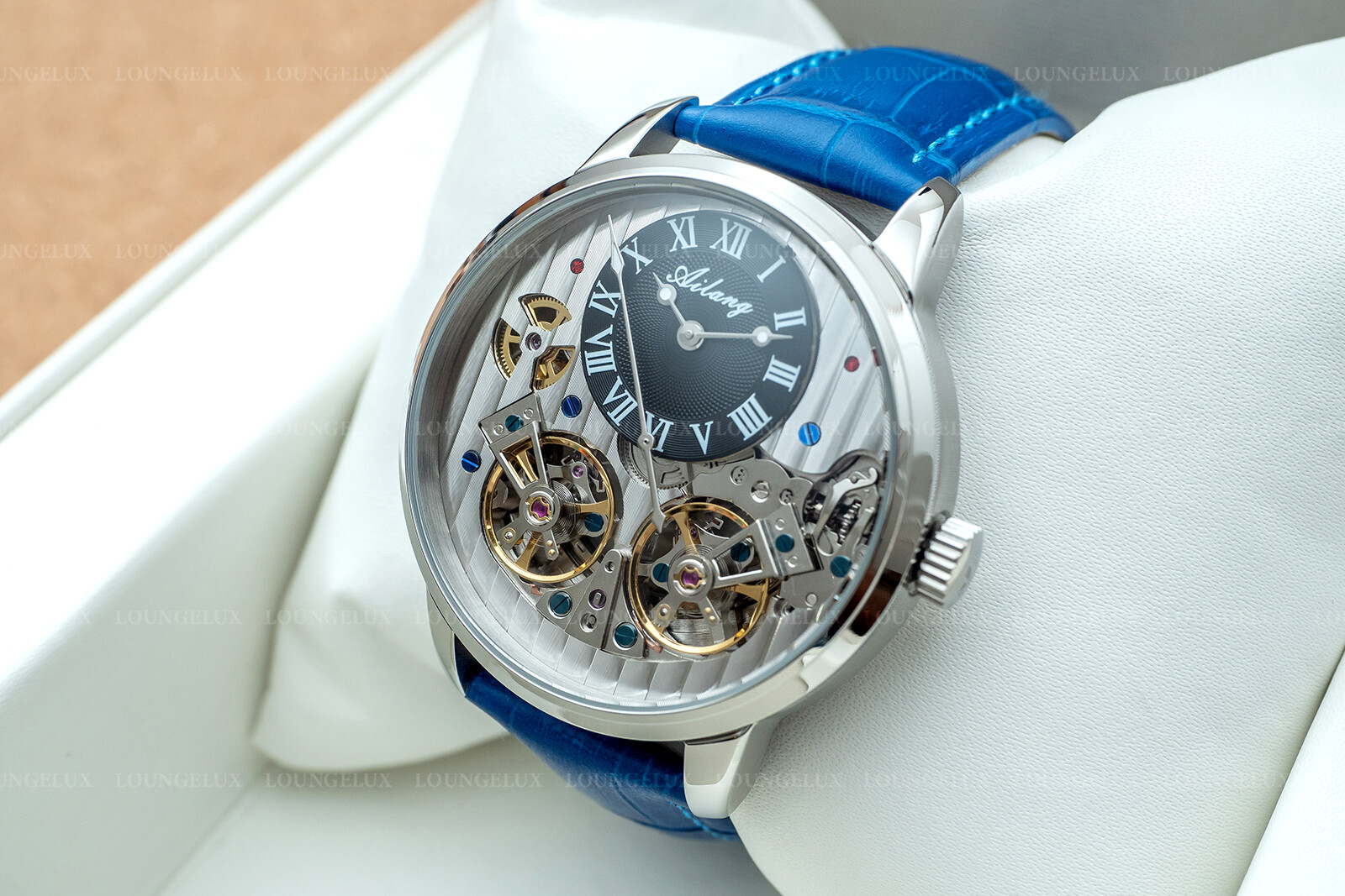 Mens Double Flywheel Automatic Mechanical Watch Silver Black Dial Blue ...