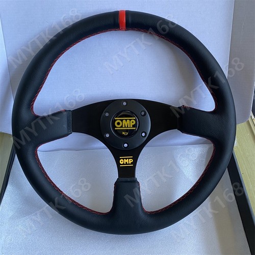 14inch Real Leather Racing Steering Wheel 340mm Flat Universal JDM OMP Red ring | eBay