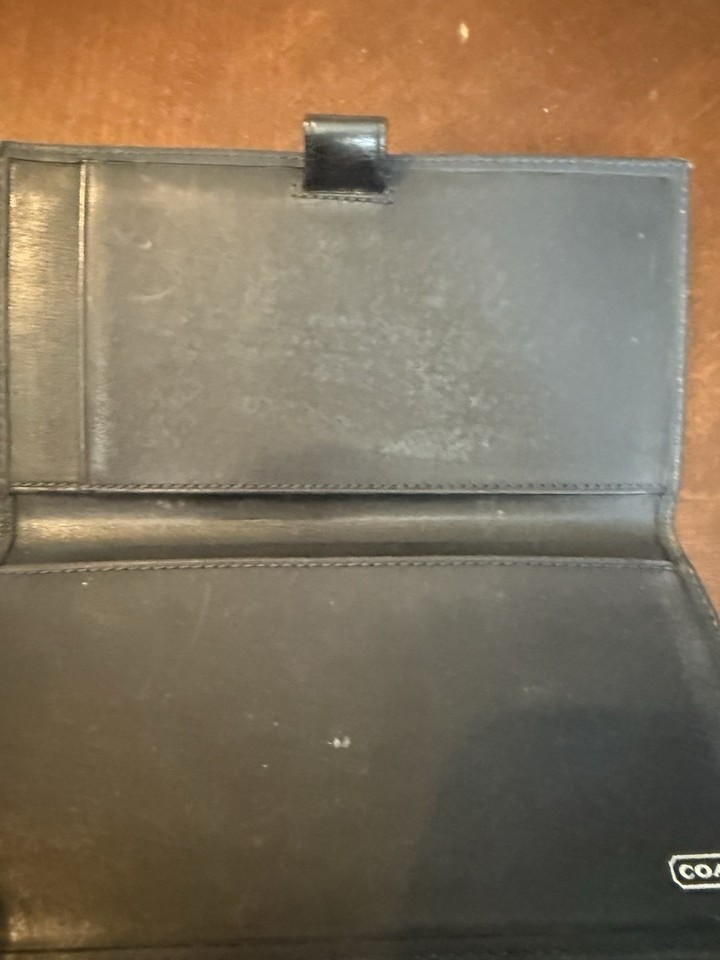 Coach Leather Checkbook Cover Navy Blue Slim Wallet Holder Vintage Read ...