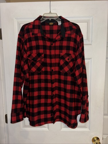 Vtg Woolrich Mens XL Button Up Over Shirt Black Red Buffalo Check Wool ...