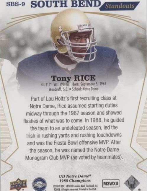2017 Upper Deck Notre Dame 1988 Championship Tony Rice #SBS-9 for sale ...