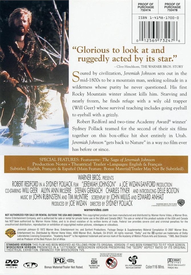 Robert Redford Movie - Jeremiah Johnson - DVD - Robert Redford & Will ...
