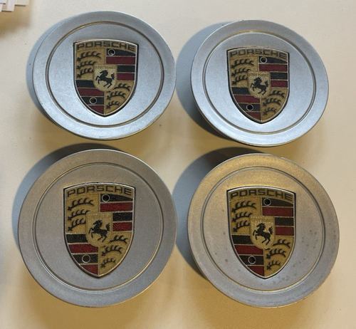 (4) PORSCHE SILVER CENTER CAPS BADGES MADE IN GERMANY OEM ORIGINAL ...