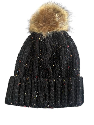 Jessica Simpson Beanie Hat Womens OS Knit Speckled Black Faux Fur Pom ...