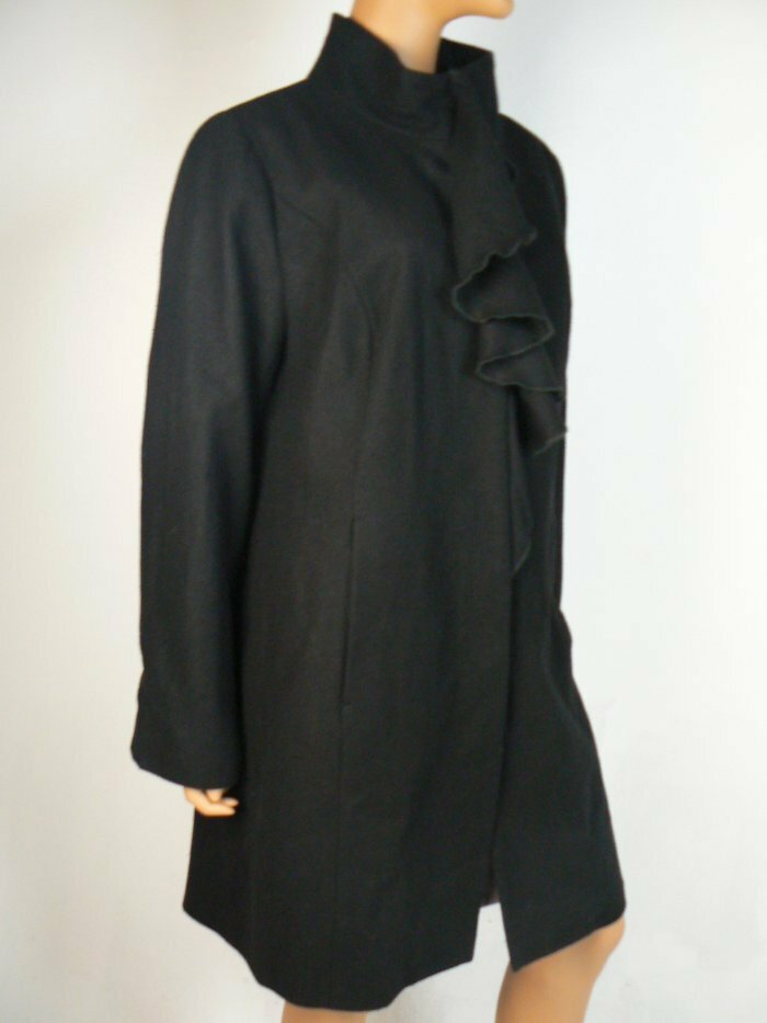 $380 T Tahari Black Wool Blend Ruffle Front Stand Collar Kate Coat 0X ...