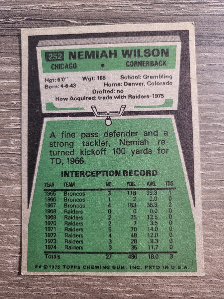 1975 Topps Football Card #252 Nemiah Wilson - Chicago Bears | eBay