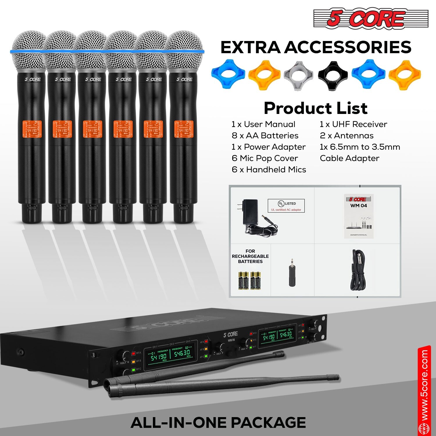 5Core Wireless Microphone System 6 Channel UHF 6 Handheld Dynamic Metal ...