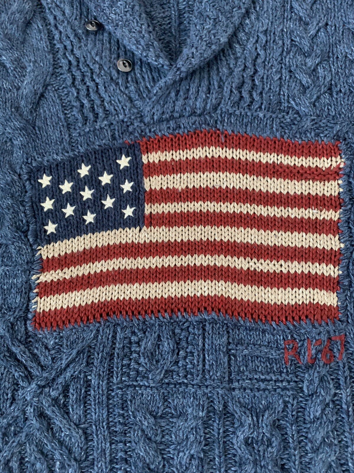 BNWT Mens Polo Ralph Lauren Aran-Knit American Flag Shawl Neck Jumper ...