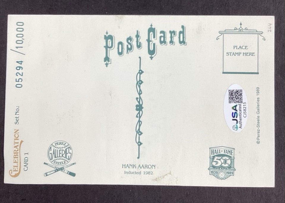 Hank Aaron Signed Perez Steele Celebration Postcard Braves DAMAGE Auto ...