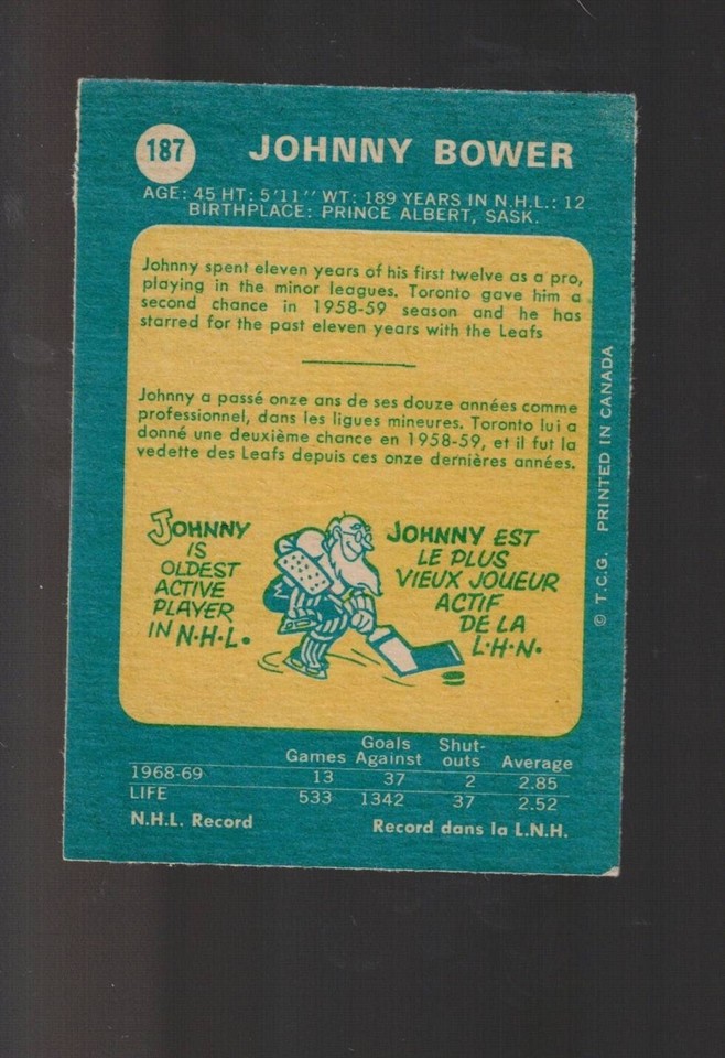 O PEE CHEE 69/70 JOHNNY BOWER CARD # 187 TORONTO MAPLE LEAFS | eBay