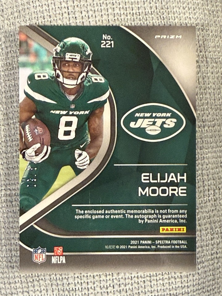 2021 Spectra Elijah Moore rookie Rare Purple auto 15/30 Jets | eBay