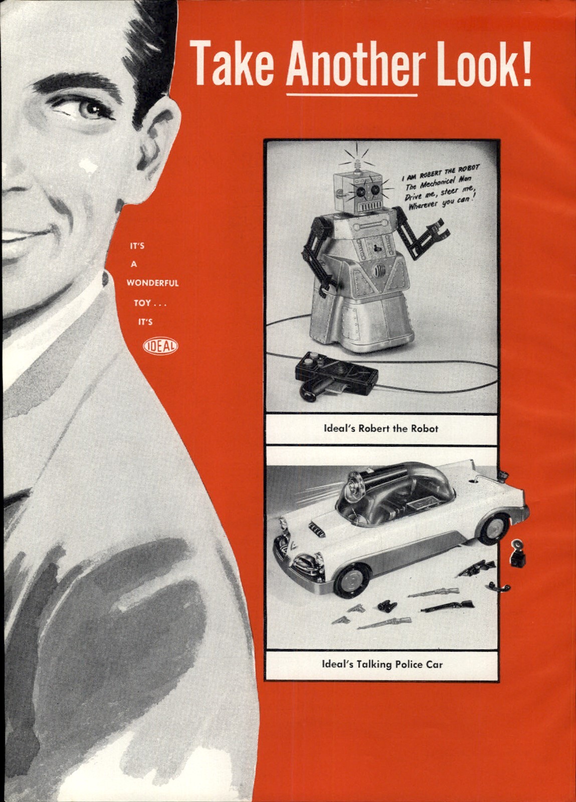 1955 PAPER AD Ideal Toy Robot Robert The Talking Police Car Milton ...