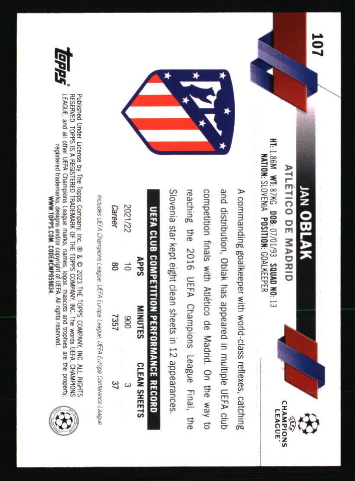 Jan Oblak 2022-23 Topps UEFA Club Competitions 1st Edition #107 SOCCER ...