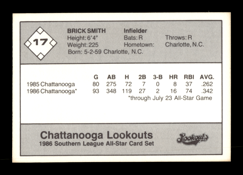 1986 Southern League All Star Jennings #17 Brick Smith Card Chattanooga ...