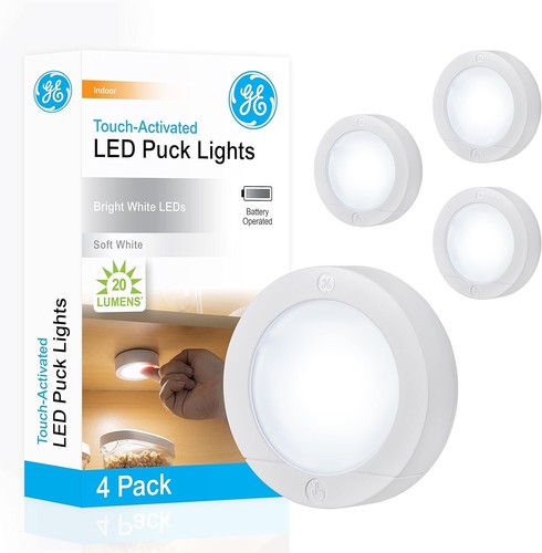 GE Wireless LED Puck Lights 4 Pack Battery Tap Stick-On Touch Closet ...