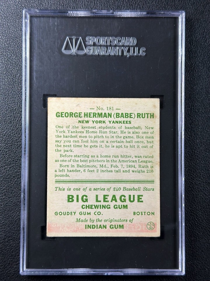 GEORGE HERMAN BABE RUTH SGC 5 1933 GOUDEY BASEBALL #181 YANKEES "GREAT ...