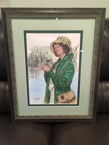 Pat Kuper woman fly fishing framed rare print 18x23.5" painting | eBay