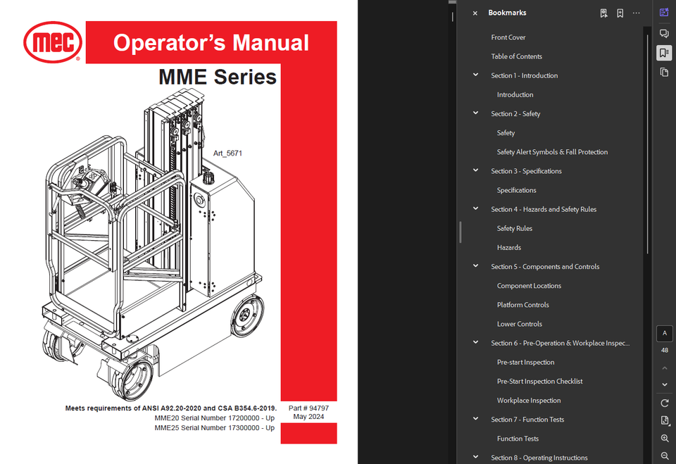 MEC MME20 VERTICLE SCISSOR MAN LIFT OWNERS SERVICE PARTS MANUAL PDF ON ...
