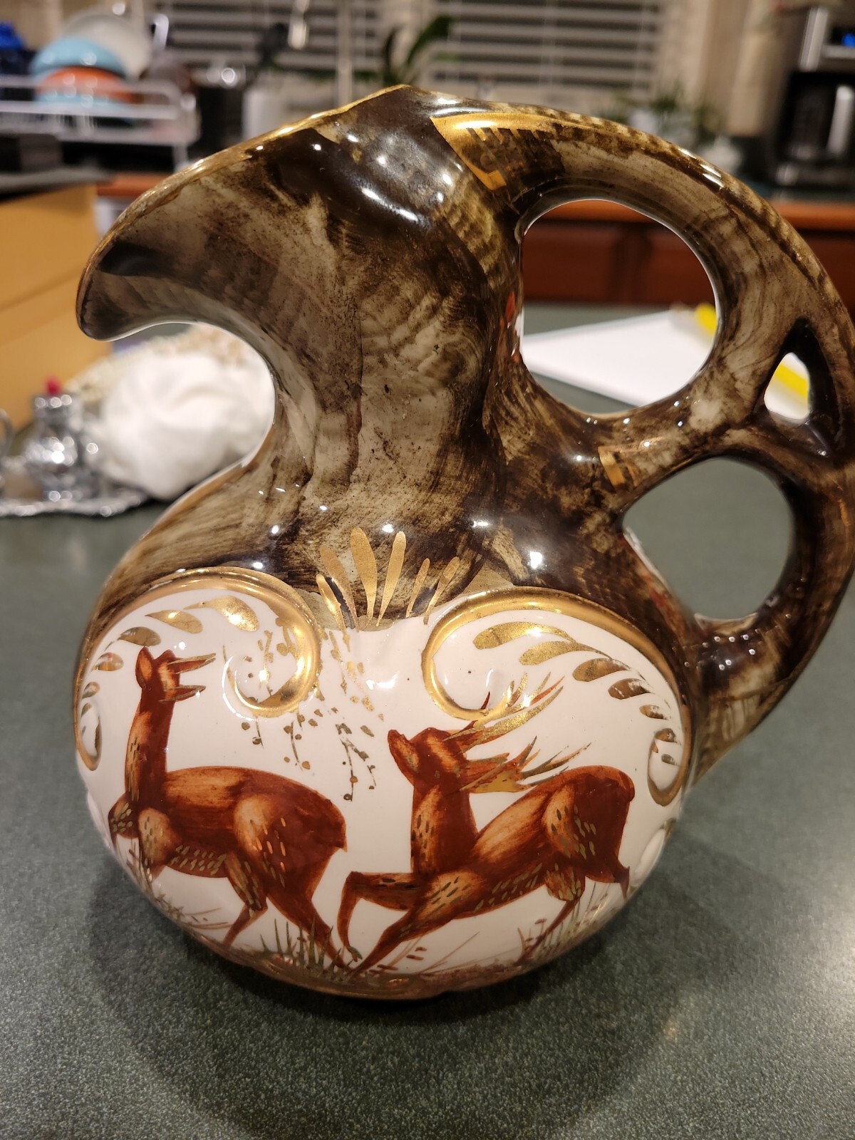 Vintage H. Bequet Quaregnon Hand Painted Pitcher With Deer Belgium 7" x ...