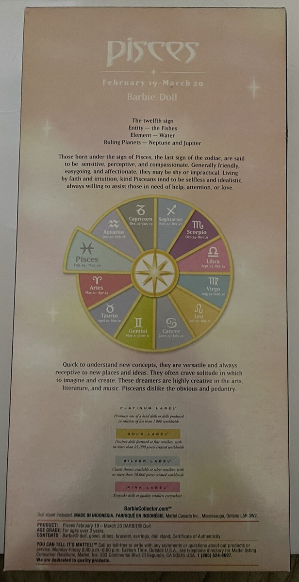 2004 Pink Label Pisces Feb.19-March 20 Barbie Collector Doll New In Box ...