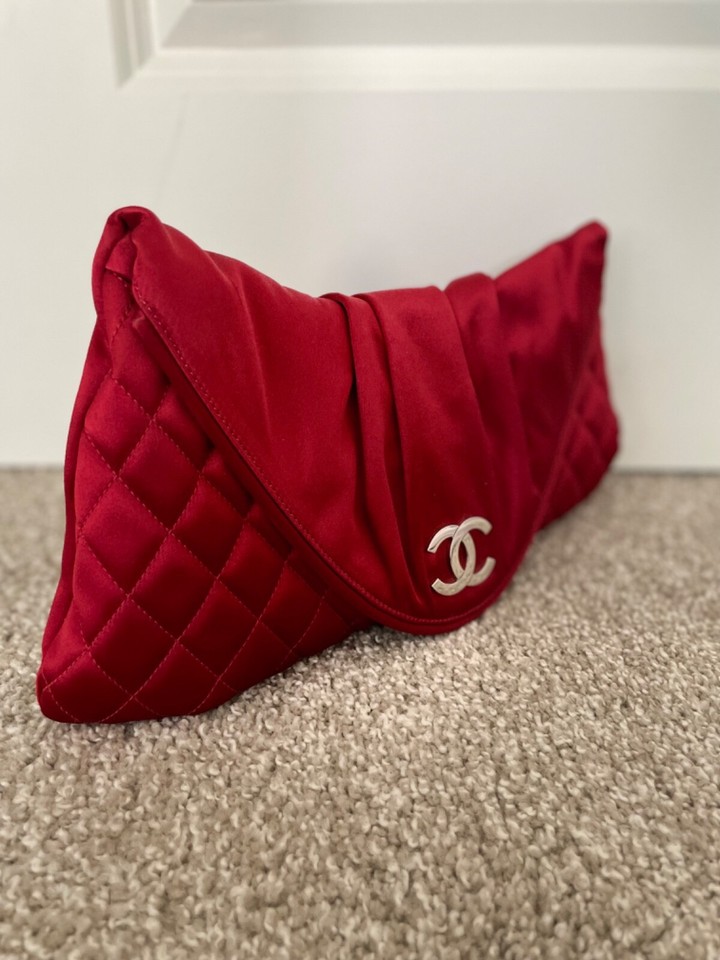 CHANEL Ruby Red Satin Quilted CC Logo Flap-Top HALF MOON Clutch Bag | eBay