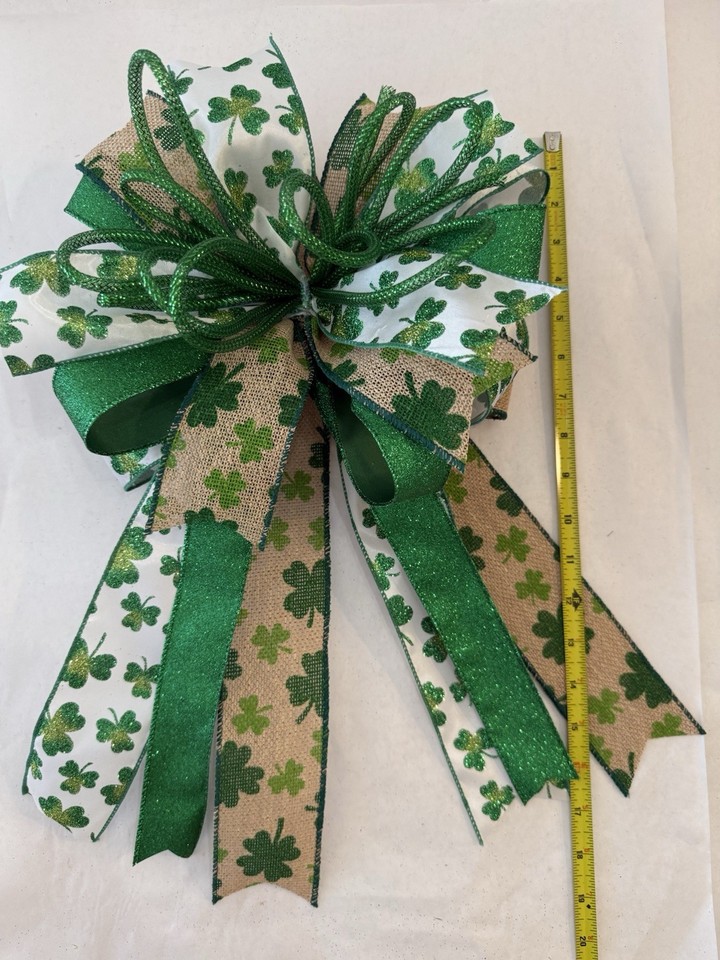 St Patrick’s Handmade Bow Irish Shamrock Wired Ribbon Green White ...