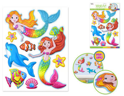 MERMAIDS wall stickers 8 colorful 3-D pop-up decals dolphin fish shells ...
