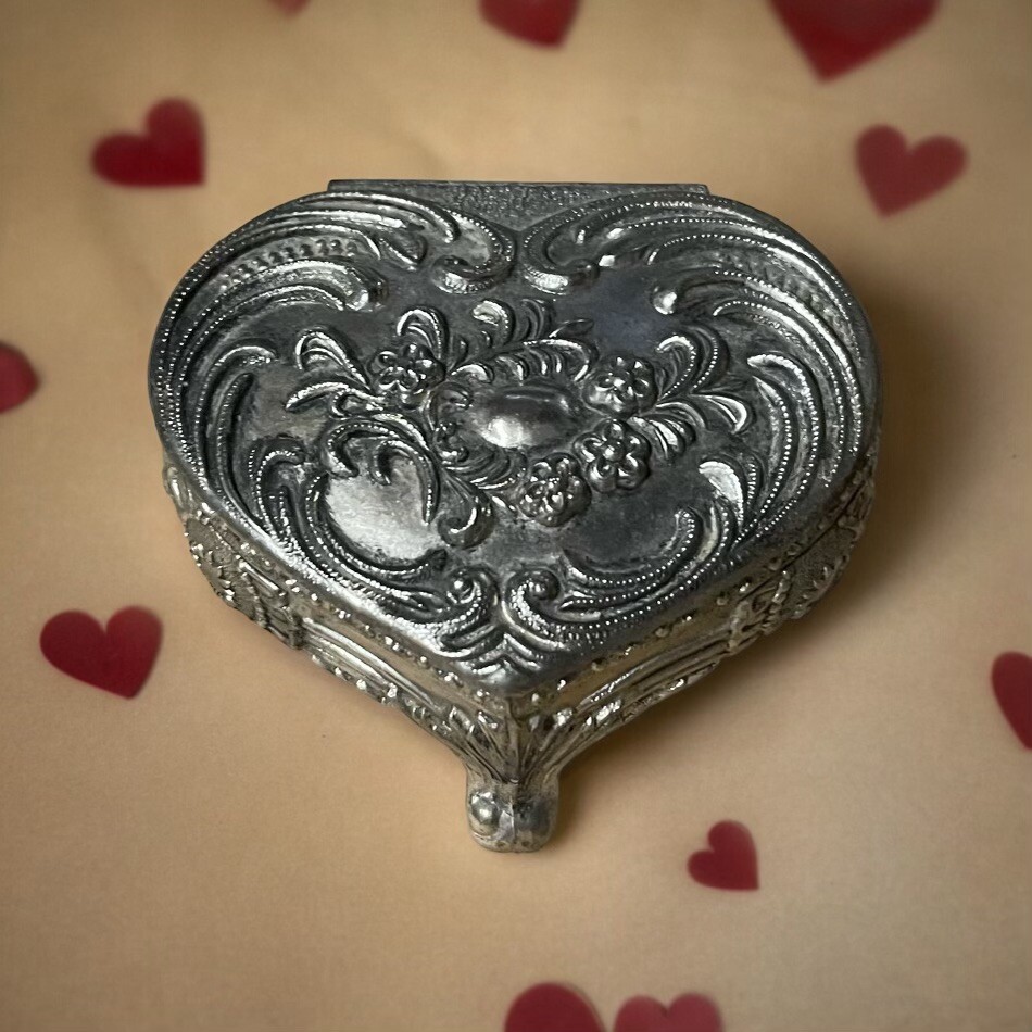 Heart Shaped Silver Plated Jewelry Trinket Box/ Red Velvet Lining ...