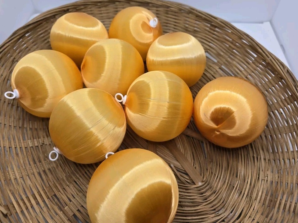 Vintage Gold Satin Ball Ornaments Lot of 9- 3" Round Silk Spun Hanging ...