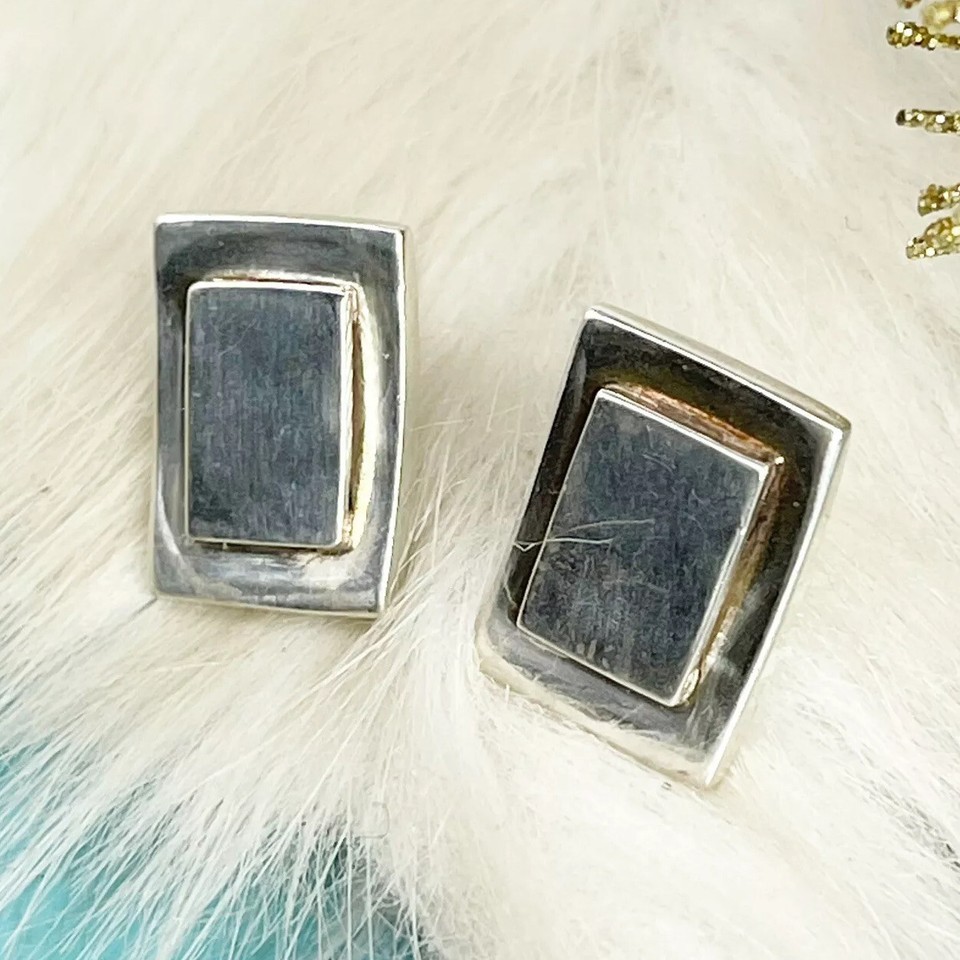 Sterling Silver Rectangle Earrings Pierced Post 10g Modern 925 Signed ...