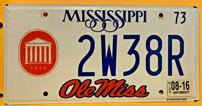 UNIVERSITY OF MISSISSIPPI OLE MISS COLLEGE LICENSE PLATE " 2W 38 R ...