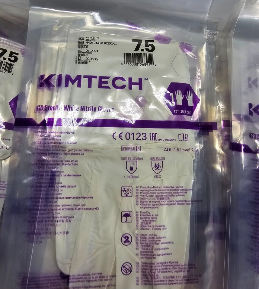 205 Pair Sterile White Nitrile Gloves Size 7.5 Kimtech G3 12”, 6mm, EXP ...