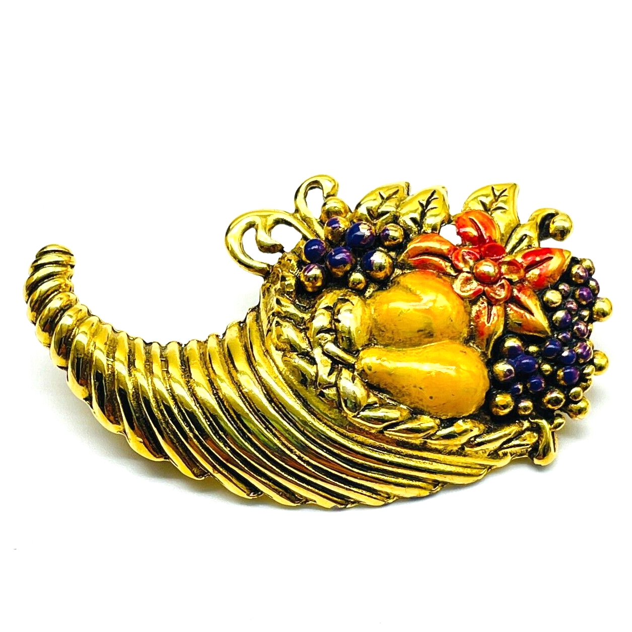Vintage Cornucopia Pin Gold Tone Enameled Fruit Horn of Plenty ...