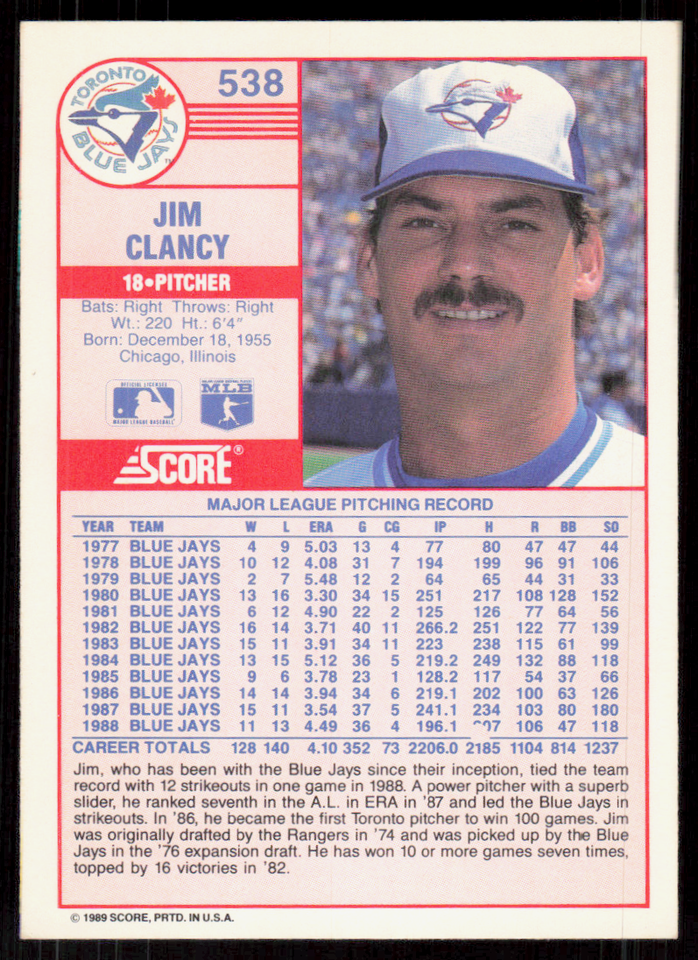 1989 Score 538 Jim Clancy Toronto Blue Jays | eBay