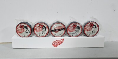 Little Caesar's Red Wings Hockeytown Pucks Set of 5 and Display Stand ...