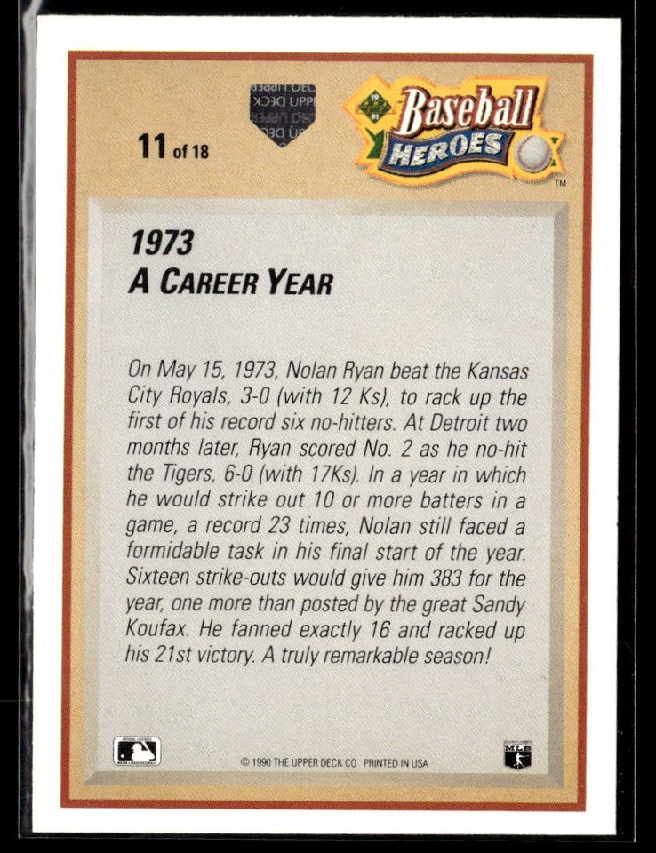 1991 Upper Deck #11 Nolan Ryan Baseball Heroes: Baseball Card 1303E | eBay